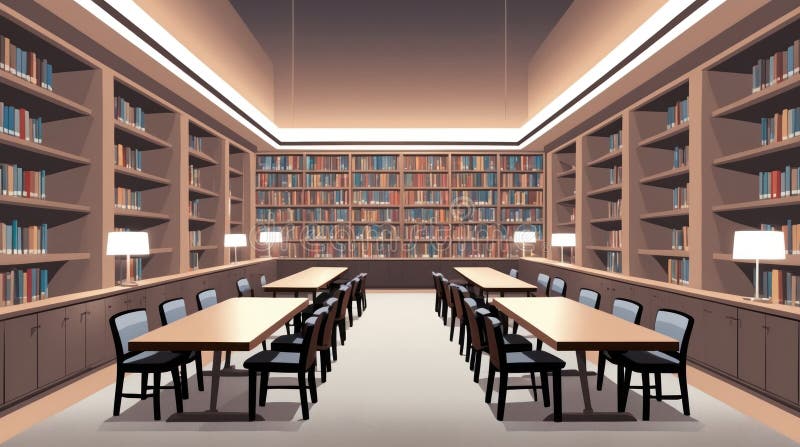 Modern Library Interior with Study Tables and Bookshelves, Ideal for ...