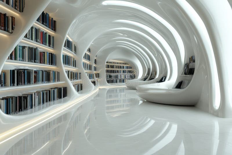 Modern Library Interior with Unique Architecture and Ample Shelving ...