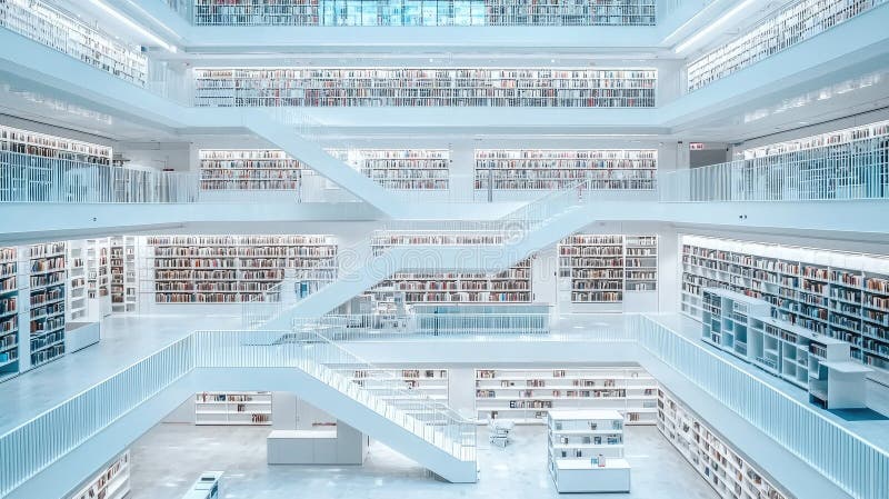 Modern Library Interior with White Walls and Bookshelves Concept of ...