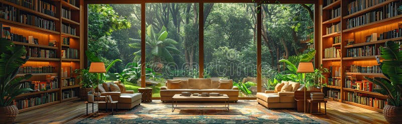Modern Library with Jungle View Stock Illustration - Illustration of ...