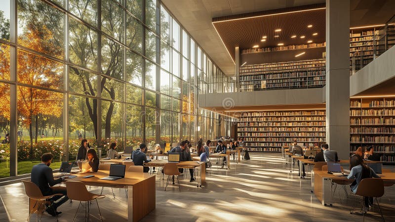 Modern Library with Large Glass Windows Natural Light and Students ...