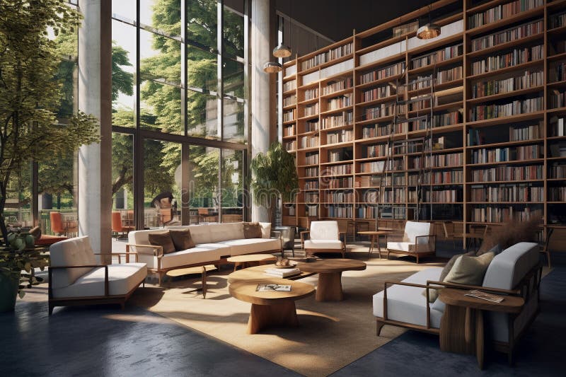 A Modern Library with Large Windows. Library Interior Stock ...