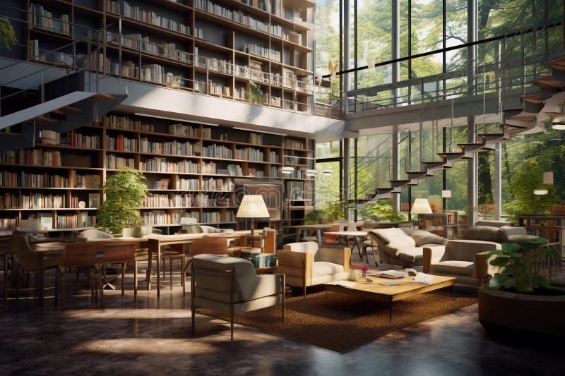 A Modern Library with Large Windows. Library Interior Stock ...