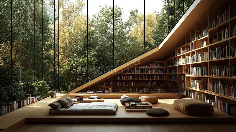 Modern Library with Large Windows Overlooking Forest. Relaxing Reading ...
