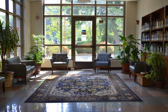 Modern Library Lounge with Comfortable Seating and Lush Green Plants ...