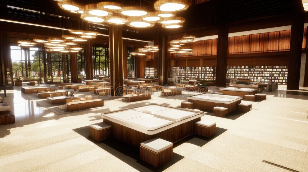 Modern Library Lounge with Wooden Seating and Large Windows Stock ...