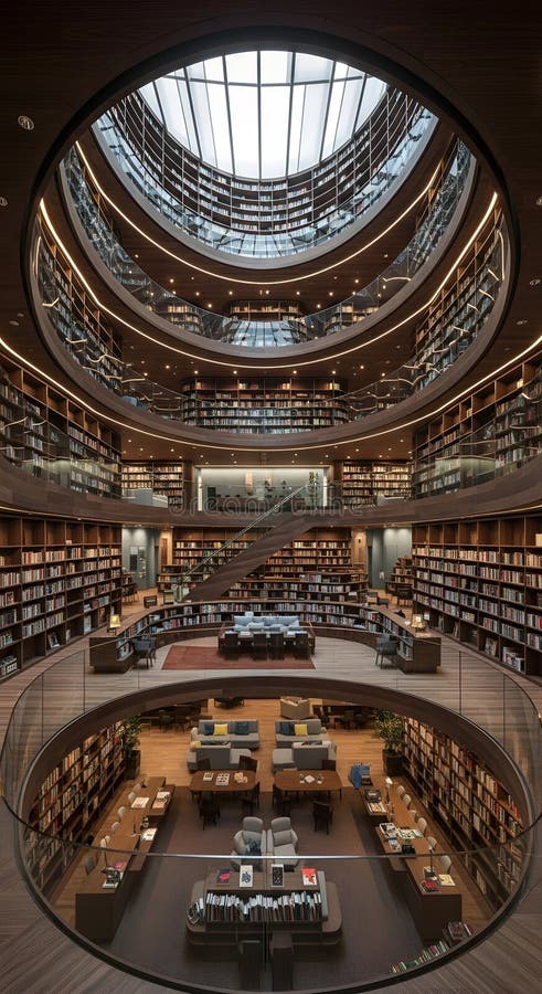 Modern Library with Multi-Level Book Stacks and Reading Areas Stock ...