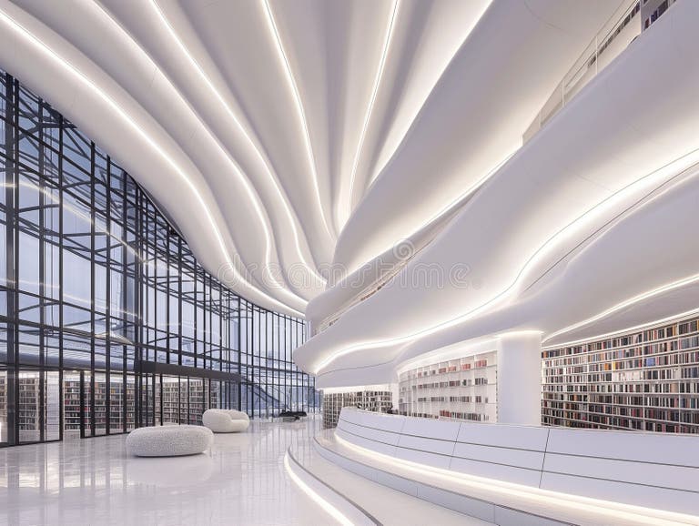 Modern Library with Open Spaces, Chairs and Book Stacks. a Modern Light ...