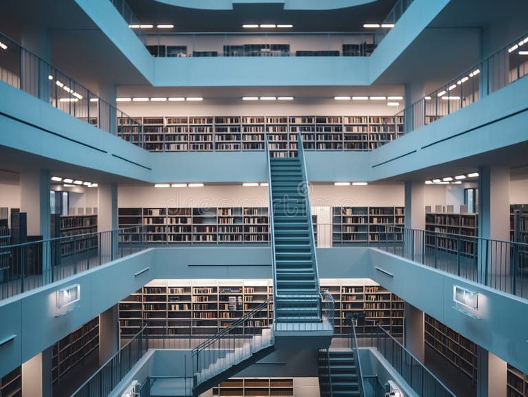 Modern Library with Open Spaces, Chairs and Book Stacks. a Modern Light ...