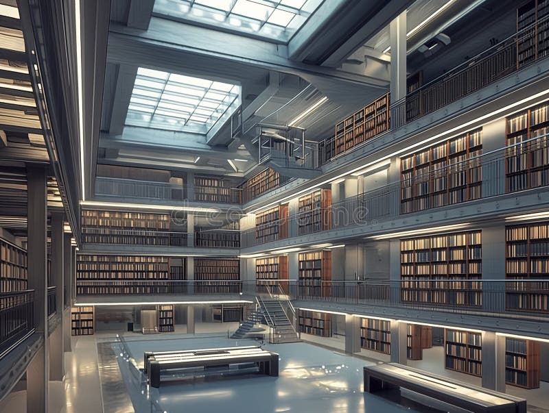 Modern Library with Open Spaces, Chairs and Book Stacks. a Modern Light ...