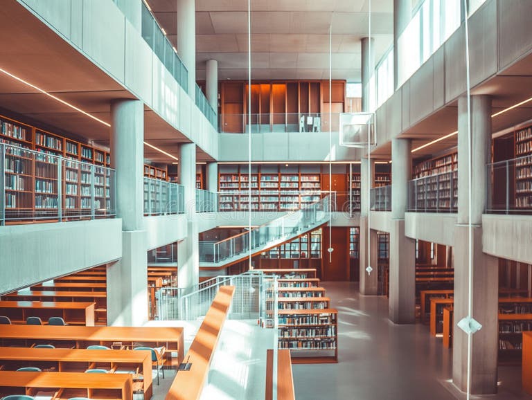 Modern Library with Open Spaces, Chairs and Book Stacks. a Modern Light ...