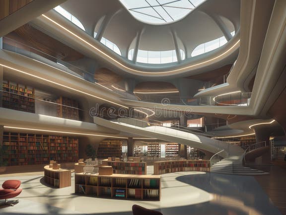 Modern Library with Open Spaces, Chairs and Book Stacks. a Modern Light ...