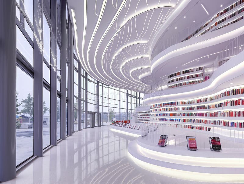 Modern Library with Open Spaces, Chairs and Book Stacks. a Modern Light ...