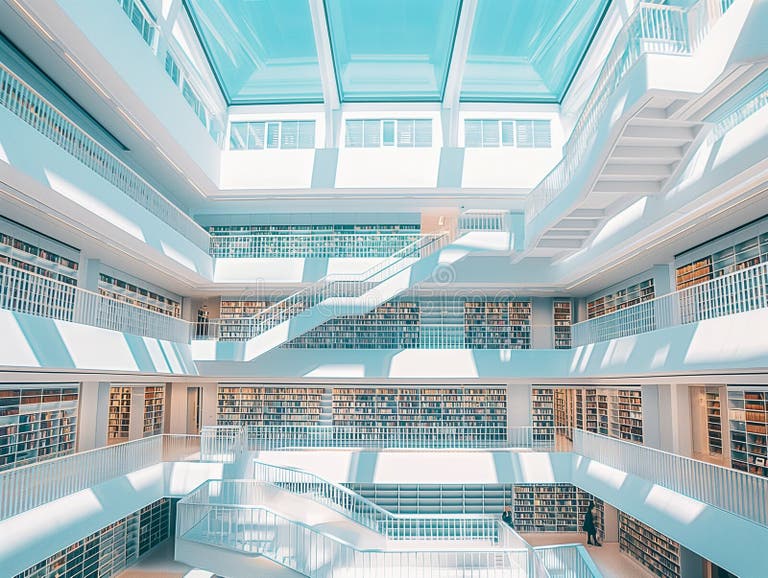 Modern Library with Open Spaces, Chairs and Book Stacks. a Modern Light ...