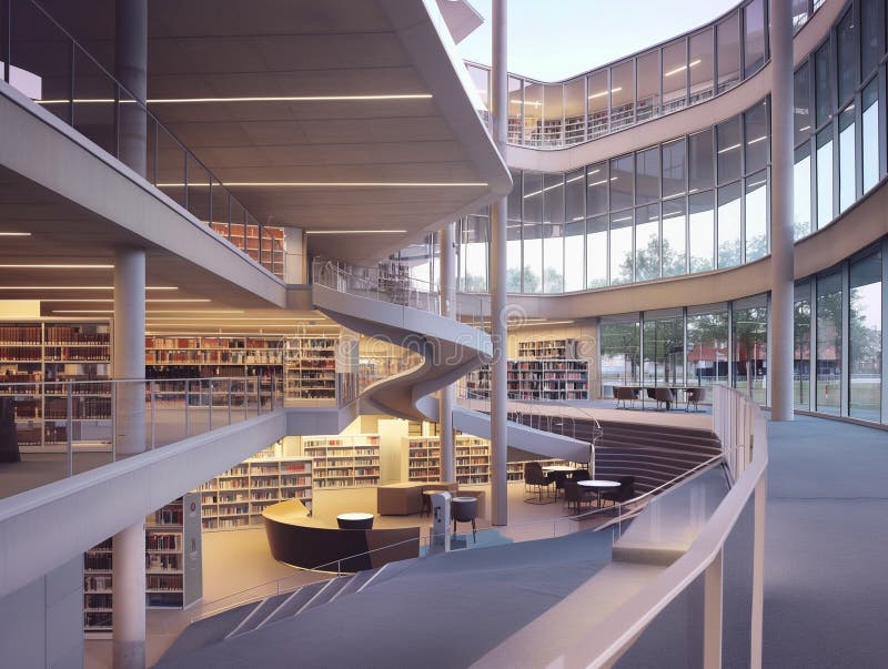 Modern Library with Open Spaces, Chairs and Book Stacks. a Modern Light ...