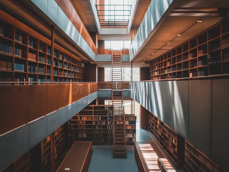 Modern Library with Open Spaces, Chairs and Book Stacks. a Modern Light ...