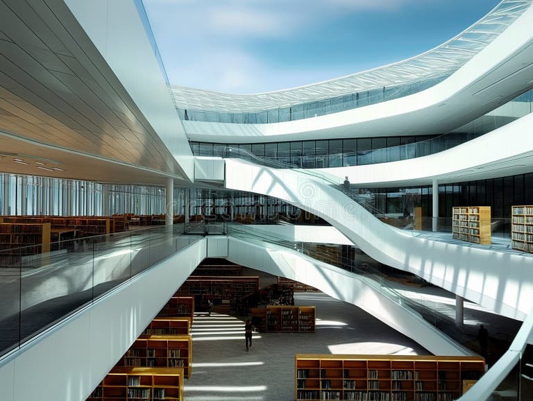 Modern Library with Open Spaces, Chairs and Book Stacks. a Modern Light ...