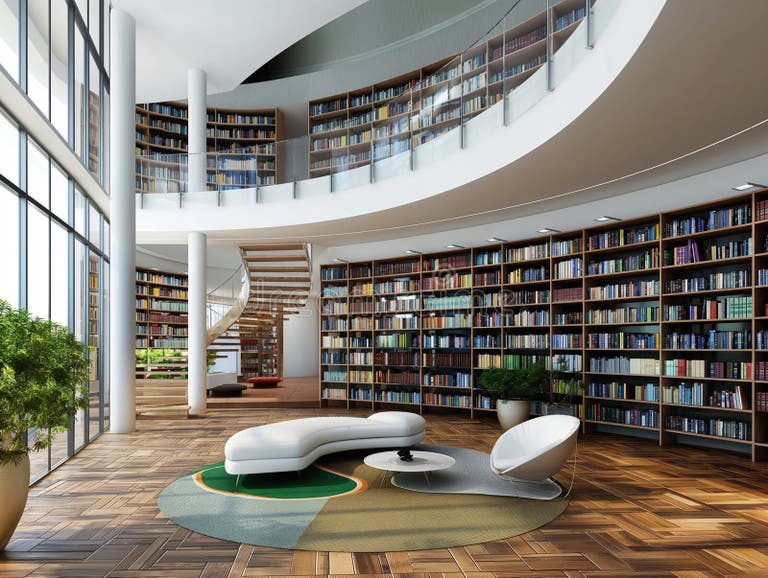 Modern Library with Open Spaces, Chairs and Book Stacks. a Modern Light ...