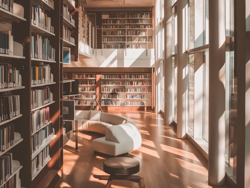 Modern Library with Open Spaces, Chairs and Book Stacks. a Modern Light ...