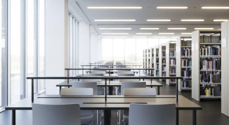 Modern Library Reading Room with Empty Tables, Chairs, and Bookshelves ...