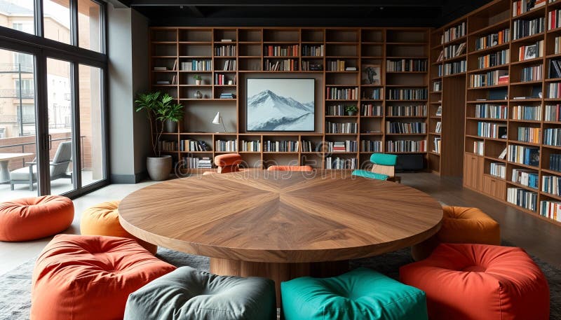 Modern Library with a Round Table and Colorful Seating Stock Image ...