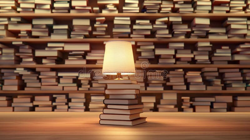 A Modern Library Scene Featuring a Warm Lamp Illuminating a Pile of ...