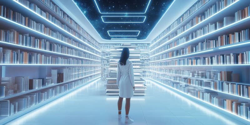 A Modern Library Setting with Bright Lights and Endless Rows of Books ...
