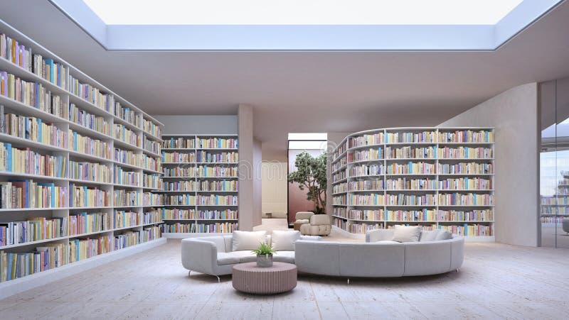 Modern Library with Skylight Sofa and Colorfull Books. Stock ...