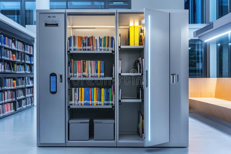 A Modern Library Storage Unit Displaying Colorful Books and Bins in a ...