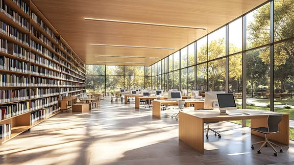 Modern Library with Natural Light Stock Illustration - Illustration of ...