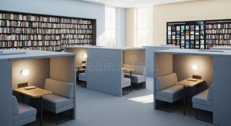 Modern Library Study Area with Private Booths and Bookshelves Stock ...