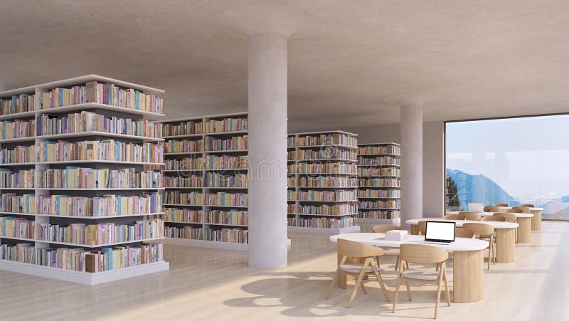 Modern Library with Tables and Chairs Stock Illustration - Illustration ...