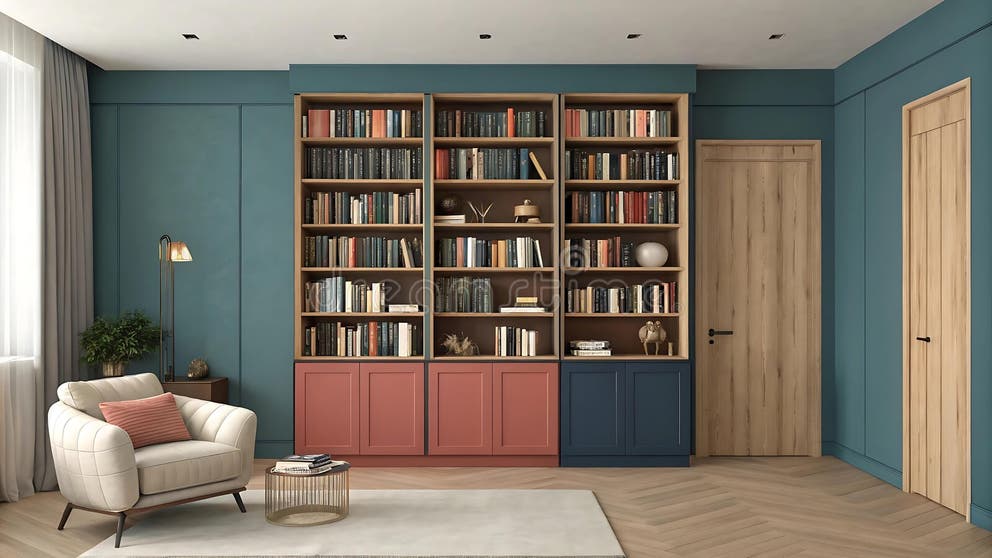 Modern Library with Teal Walls and Built in Bookcases Stock ...