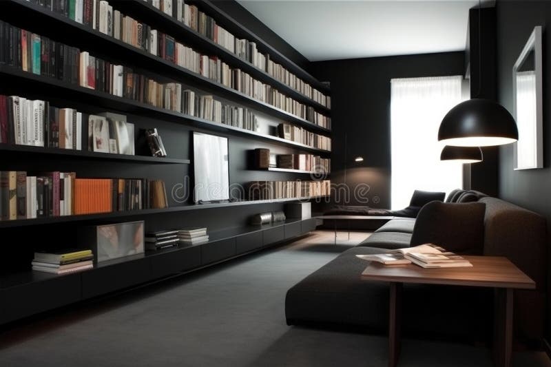 Modern Library with Minimalist Design and Open Floor Plan, Filled with ...