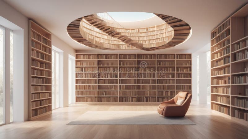 A Modern Library with a Unique Ceiling Design and a Comfy Armchair ...