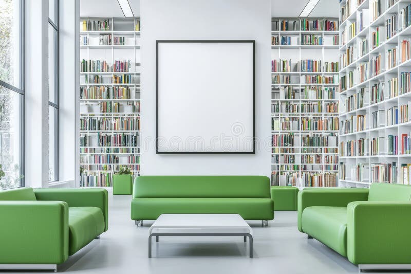 A Modern Library with White Walls and Green Seating, Offering an Open ...