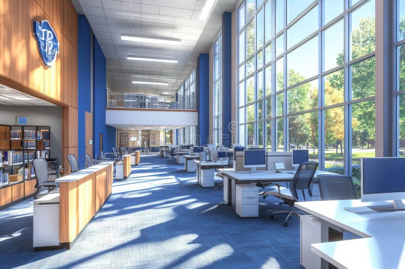 Modern Library Workspace with Large Windows and Blue Accents Stock ...