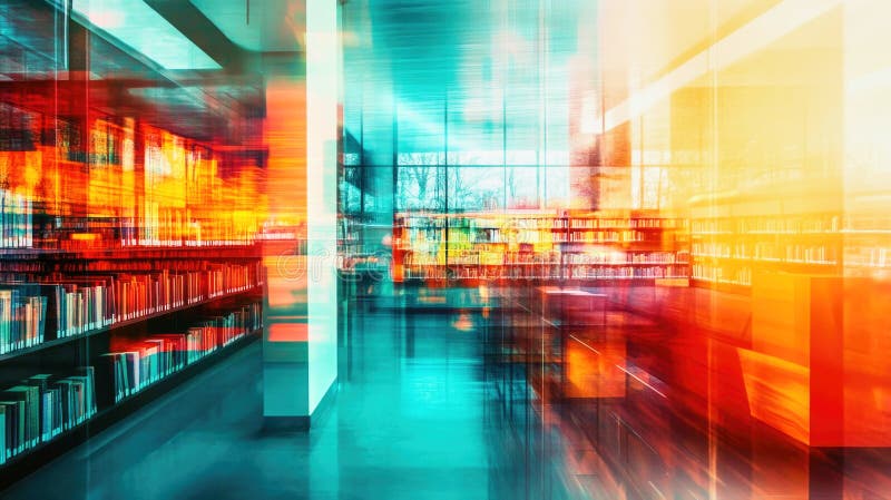 Modern Library Workspace with Vibrant Colors and Abstract Art Creates a ...