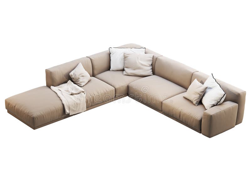 Modern Light Beige Corner Fabric Sofa with Pillows and Knitted Blanket ...