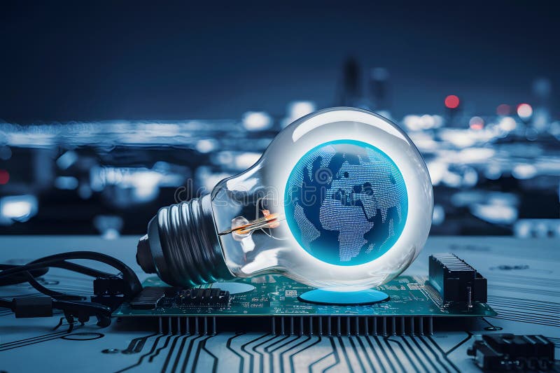 A Modern Light Bulb with Digital Globe on Circuit Board Against ...