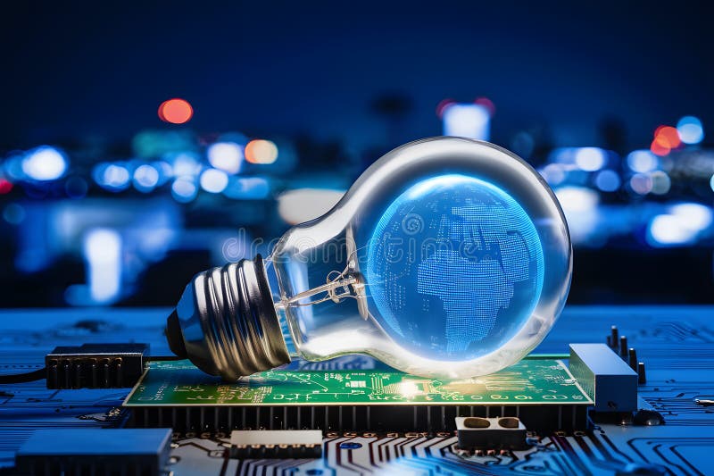 A Modern Light Bulb with Digital Globe on Circuit Board Against ...