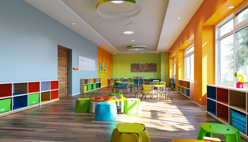 Modern Light Class Room in Children School Stock Image - Image of desk ...