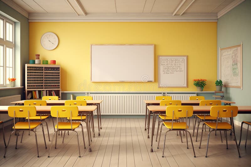 Modern Light Classroom with Big Windows with Empty Chairs and ...