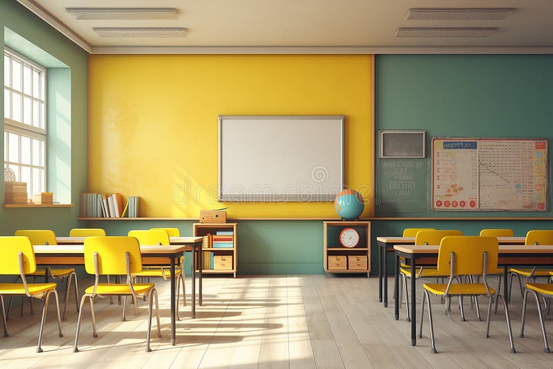 Modern Light Classroom with Big Windows with Empty Chairs and ...