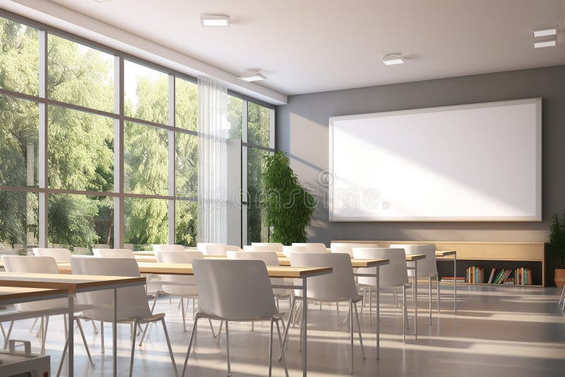 Modern Light Classroom with Big Windows with Empty Chairs and ...