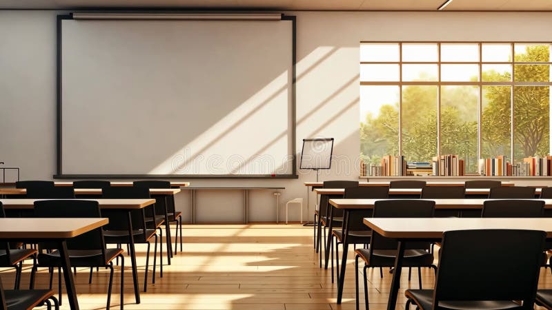 Modern Light Classroom with Big Windows with Empty Chairs and ...
