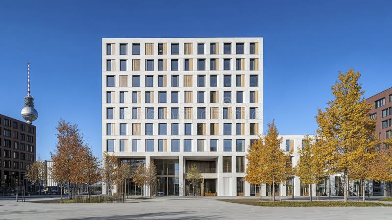 Modern Light-Colored Building with Autumn Trees Stock Illustration ...