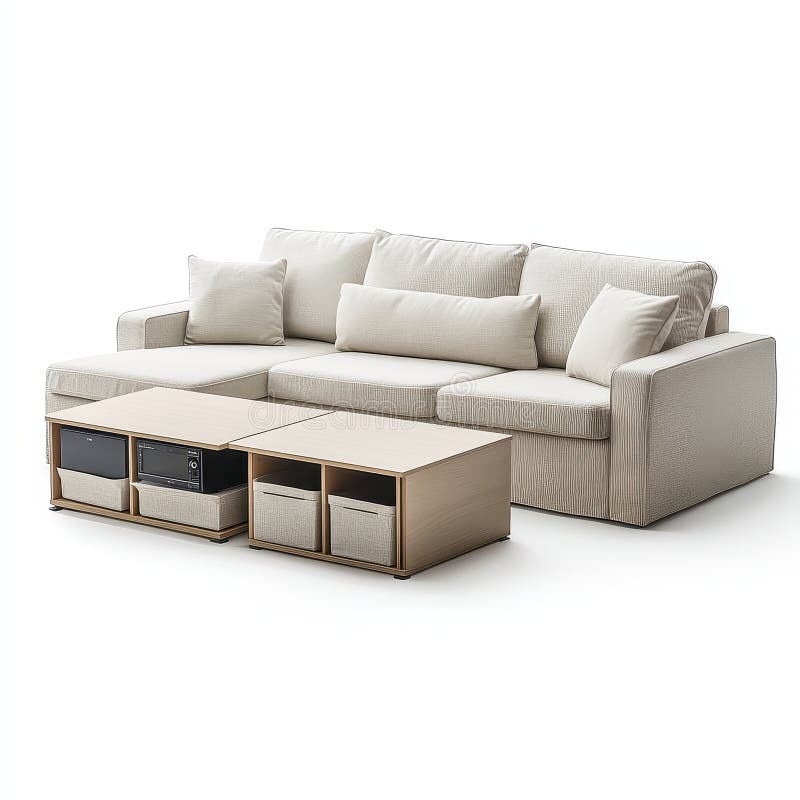 A Modern, Light-colored Sectional Sofa with a Multi-functional Coffee ...
