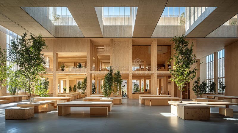 Modern Light-filled Interior with Wooden Structures, Greenery, and ...