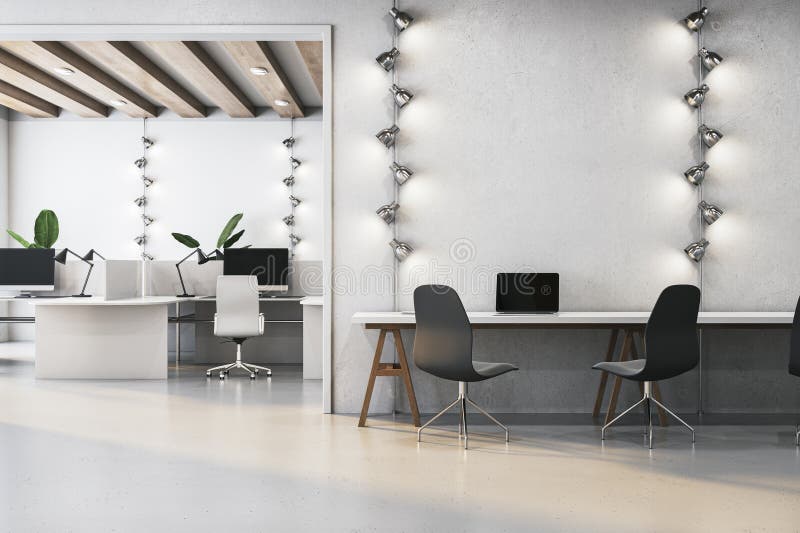 Modern Light Loft Coworking Office Interior with Lamps. Workplace ...